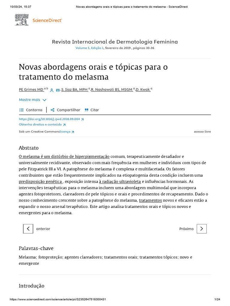 Novas Abordagens Orais e Tópicas para o Tratamento Do Melasma - ScienceDirect | PDF ...