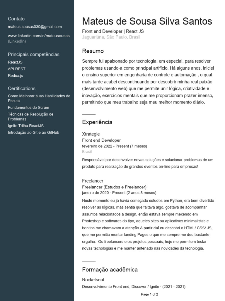 CV Mateus de Sousa Silva Santos | PDF | Trabalhador autônomo