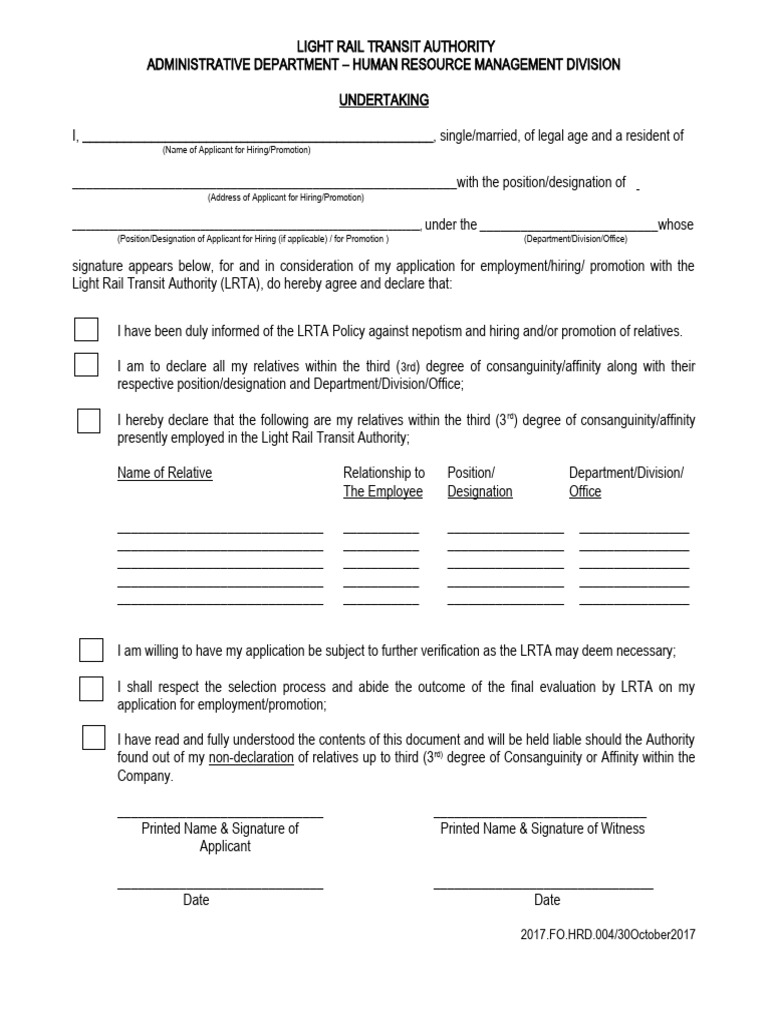 LRTA Nepotism Policy Declaration Form | PDF | Marriage | Social ...
