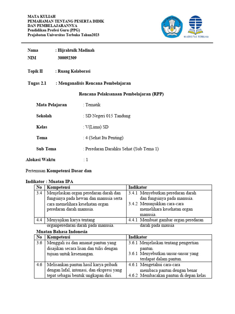 Pemahaman Peserta Didik Topik 2 Ruang Kolaborasi Analisis RPP | PDF