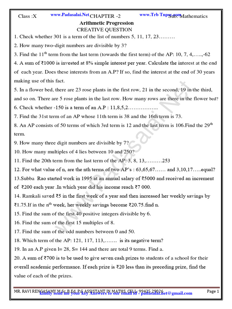 10th Maths Arithmetic Progression Creative Questions English Medium PDF Download | Download Free ...