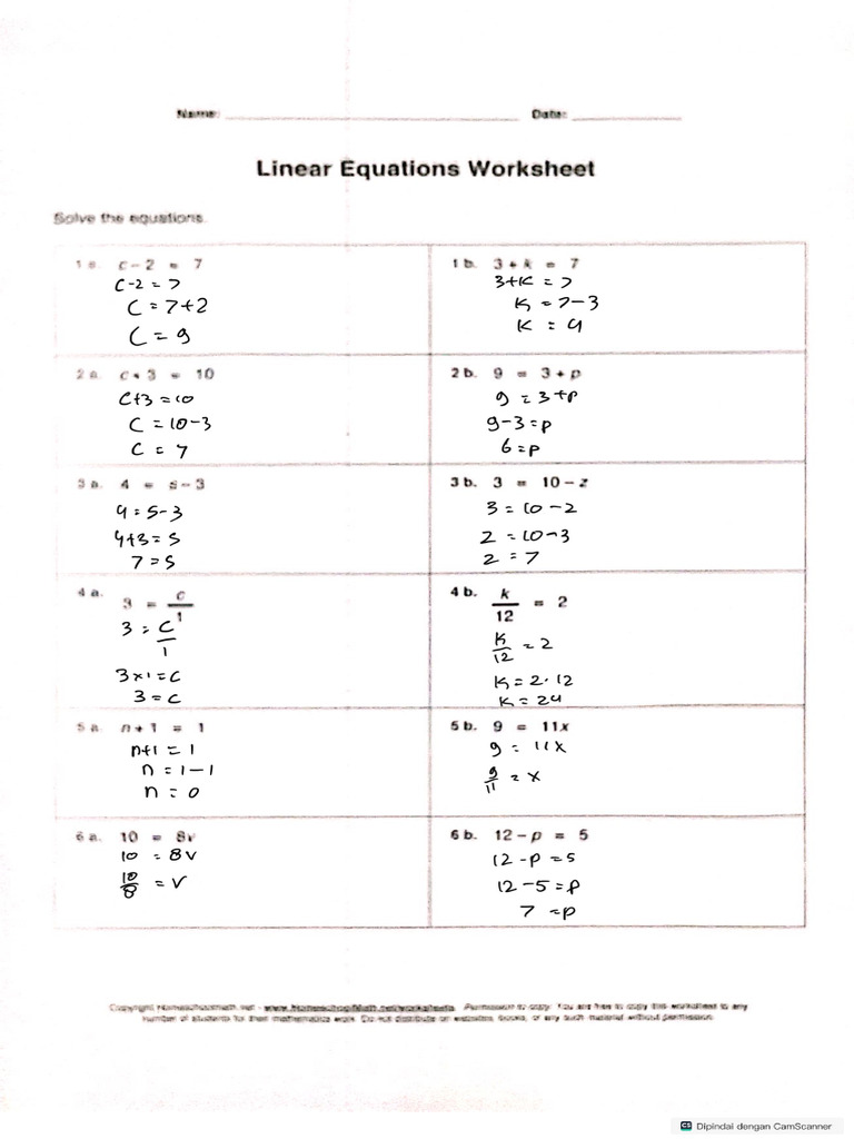 Basic Math Linear Equations Worksheet | PDF