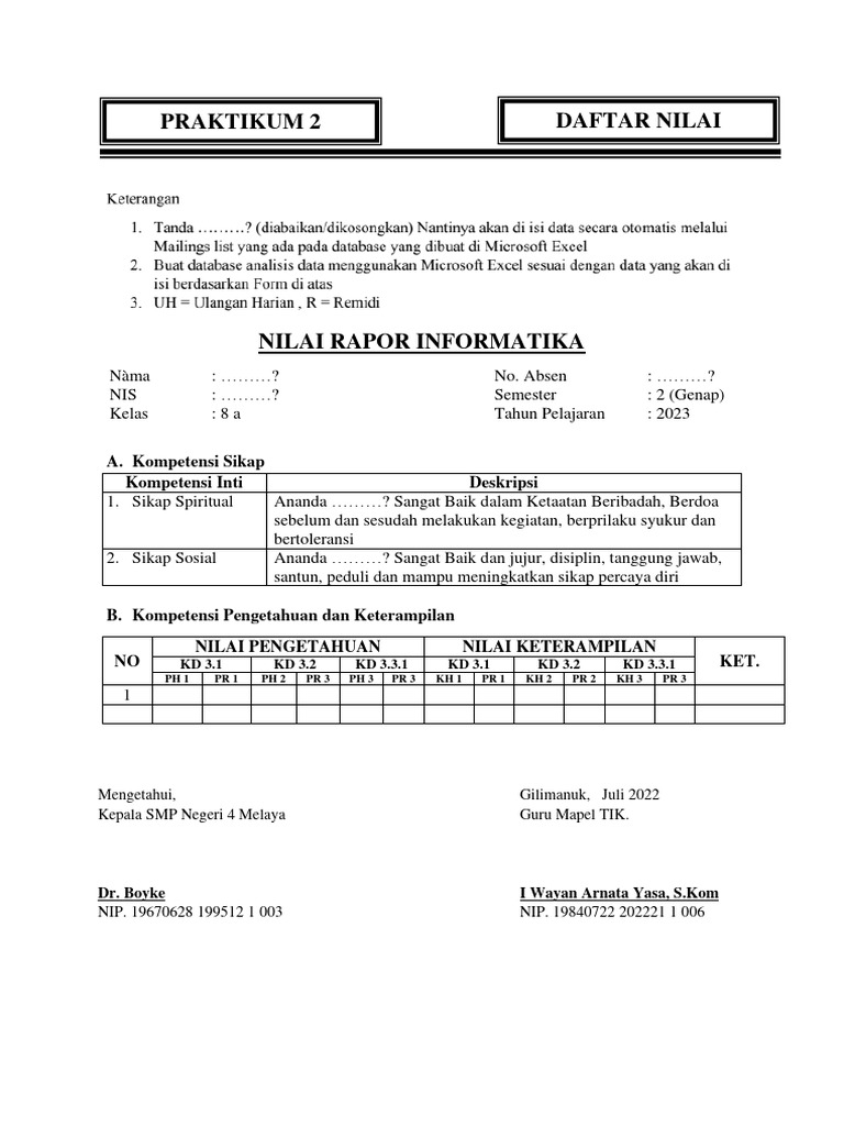 Nilai Rapor Informatika | PDF