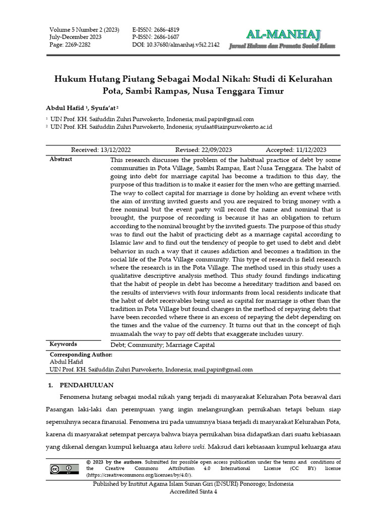 Hukum Hutang Piutang Sebagai Modal Nikah Di Ntt Download Free Pdf
