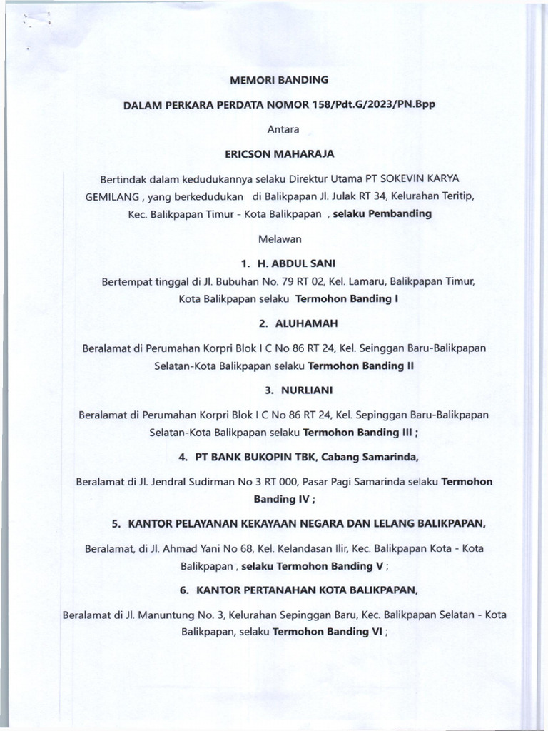 MEMORI BANDING Perkara No 158/Pdt.G/2023/PN BPP | PDF