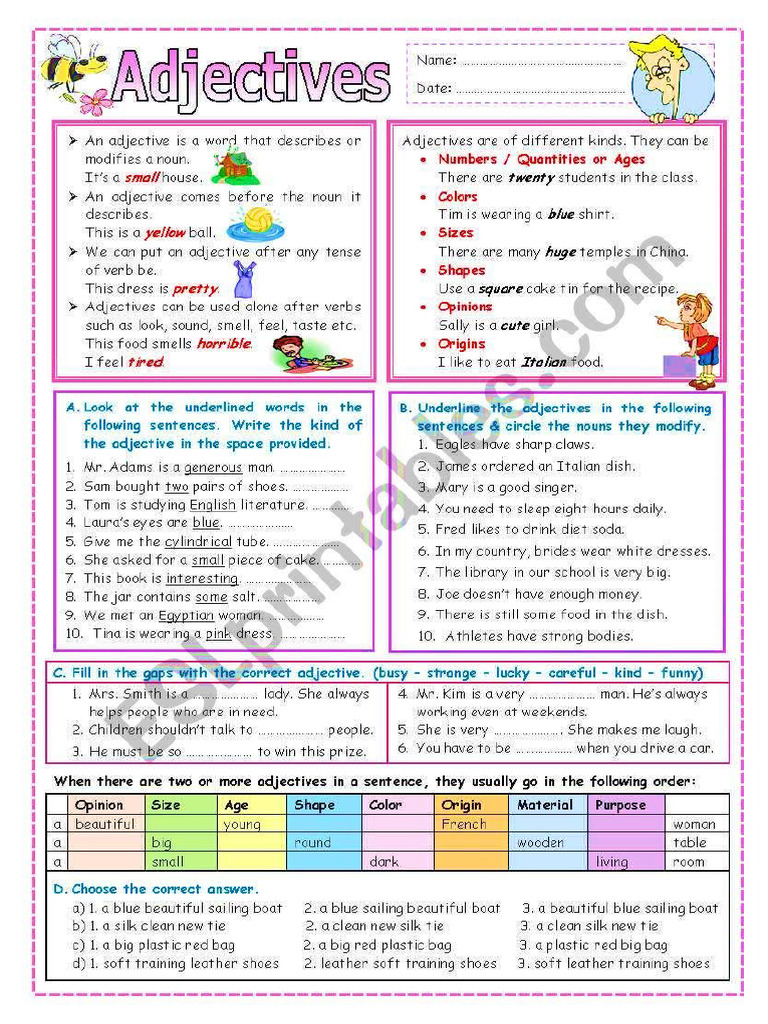 Printable Activity Sheet Adjective | PDF