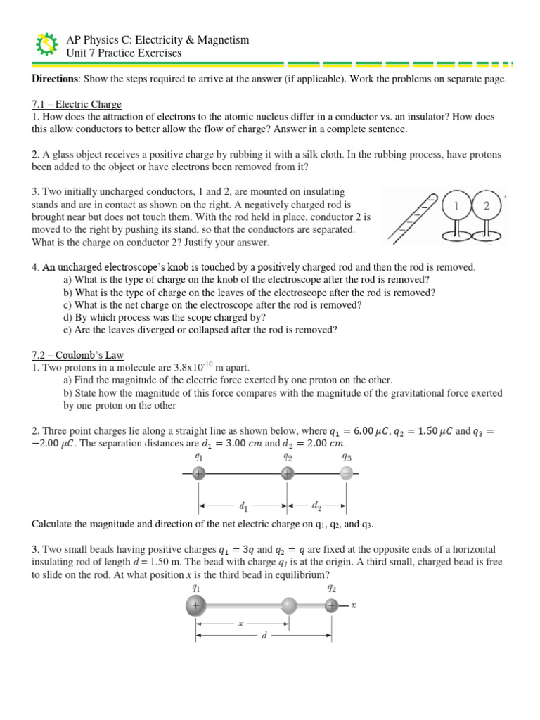Unit 7 Exercises | PDF | Electric Charge | Electric Field