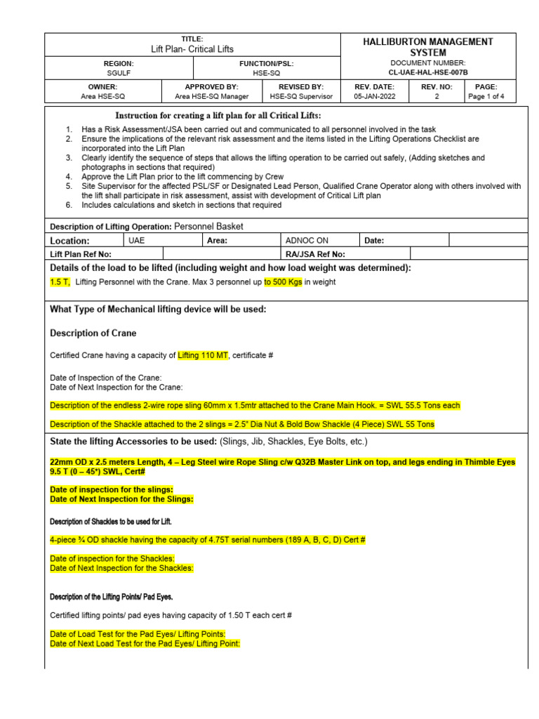 ADNOC Critical Lift Plan Guidelines | PDF | Crane (Machine) | Elevator