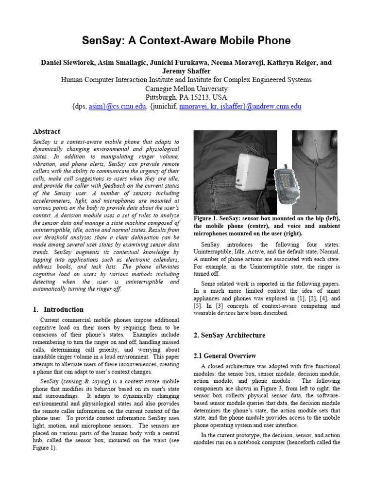 Sensay: A Context-Aware Mobile Phone | PDF | Telephone | Microphone