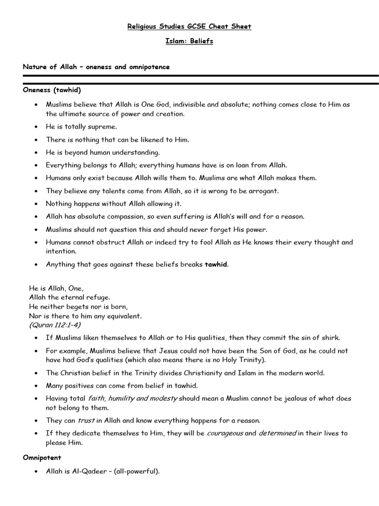 Islam Beliefs Sheet | PDF | Prophets And Messengers In Islam | God In Islam