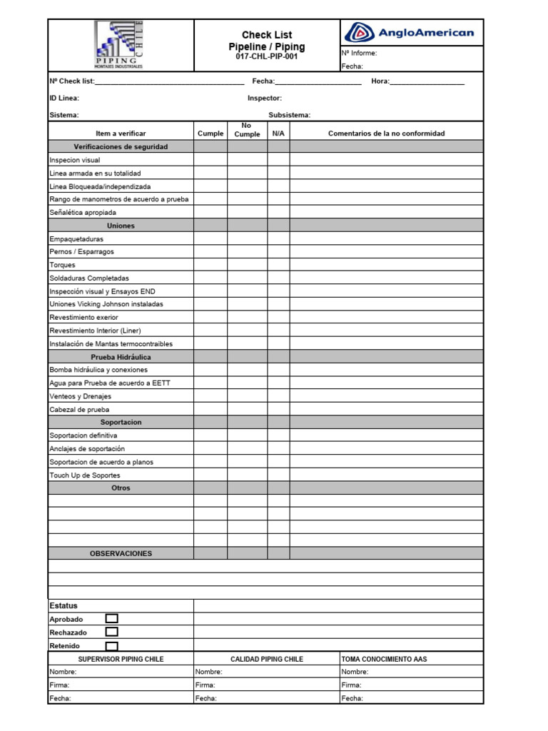 017-CHL-PIP-001_Check-list Pipeline-Piping | PDF