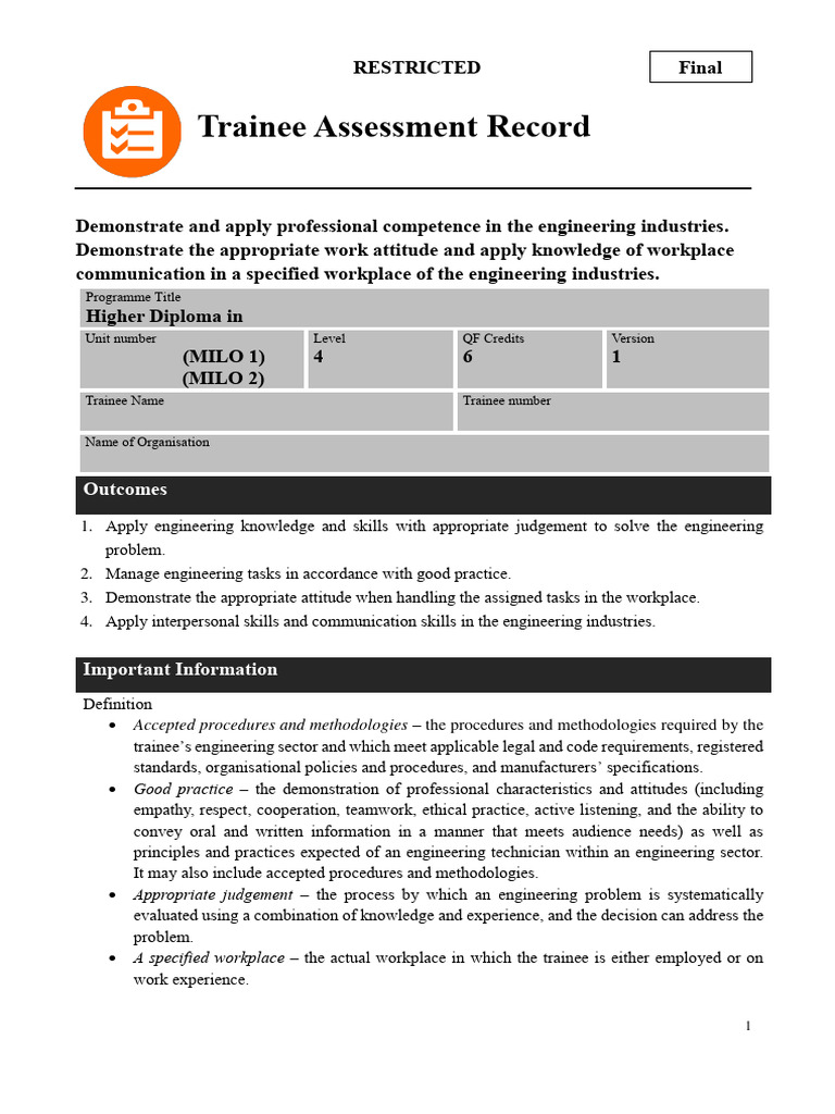 2.1 and 2.2 Trainee Assessment Record | PDF | Engineering | Communication