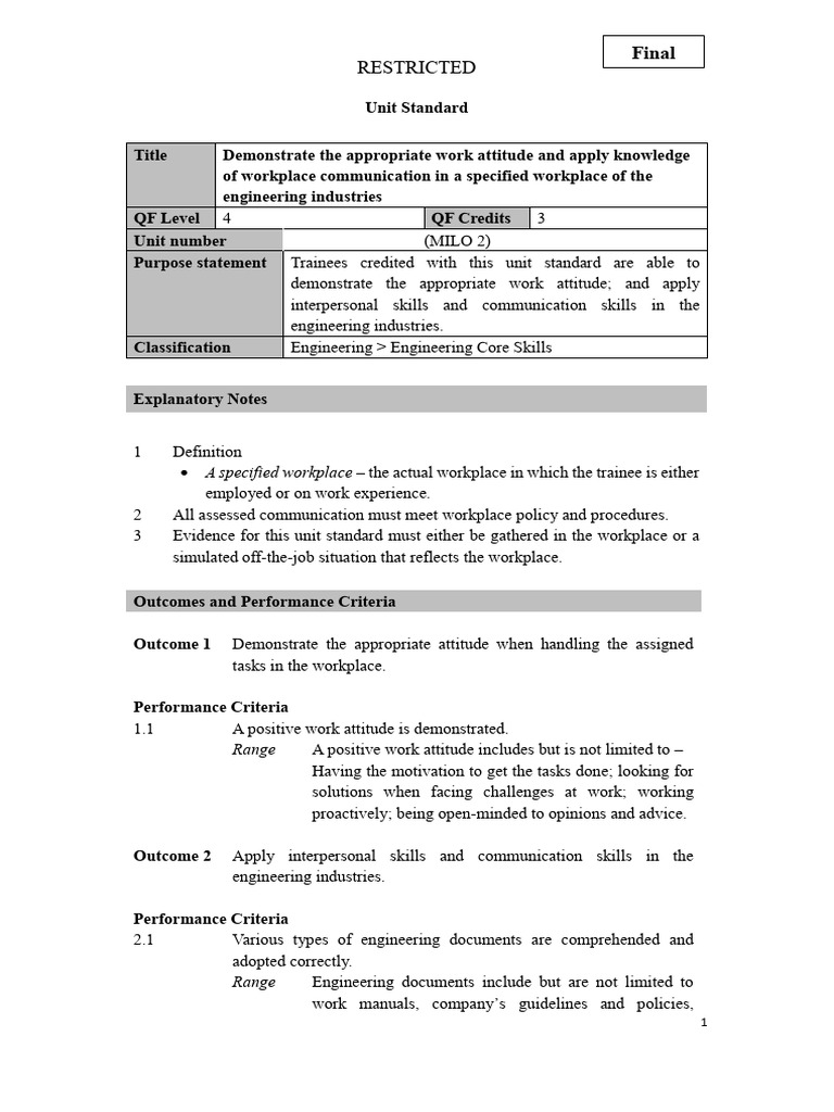 1.2 Unit Standard - Work Attitude Anf Workplace Communication | PDF | Engineering | Communication