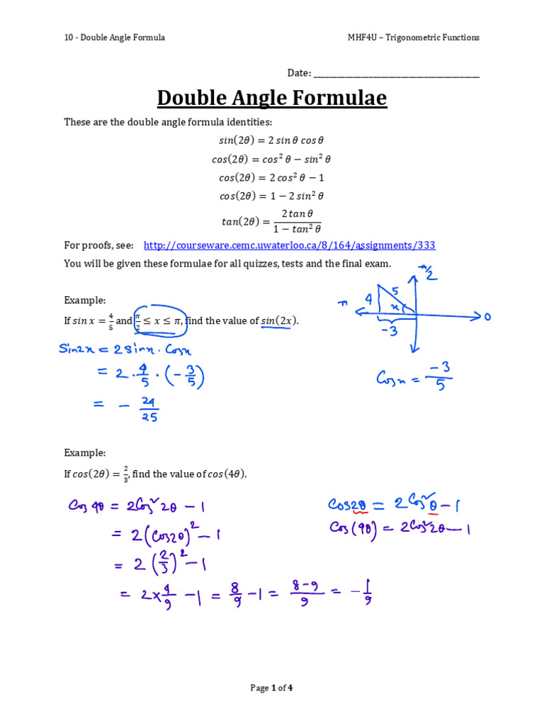 Trigonometry: Double Angle Formulas | PDF | Trigonometric Functions ...