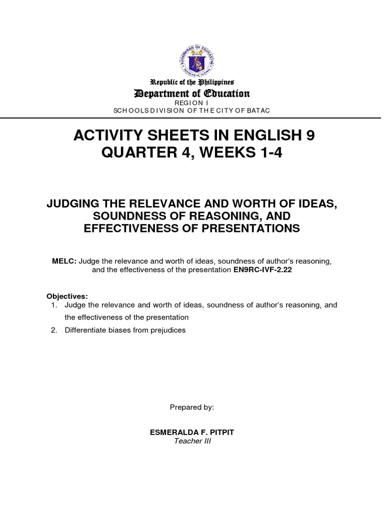 Eng9 - q4w1 4 - Judging Ideas | PDF | Bias | Reason