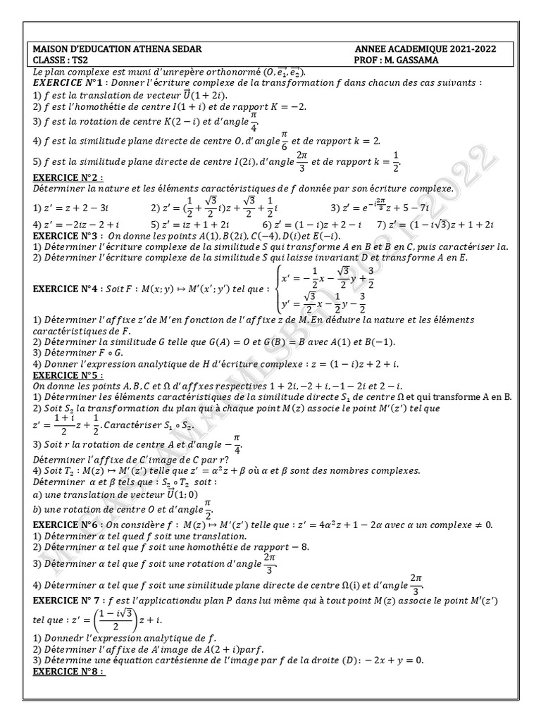 Similitudes Directes Et Exercices Corrigés Pdf Nombre Complexe