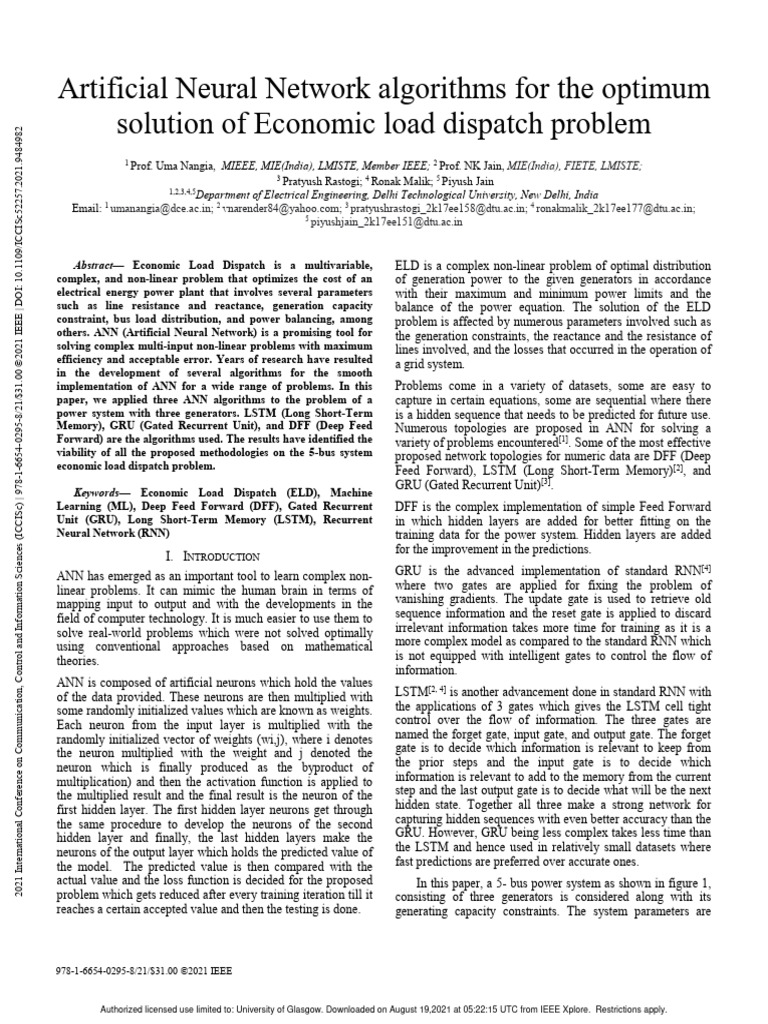 Artificial Neural Network Algorithms For The Optimum ELD | PDF