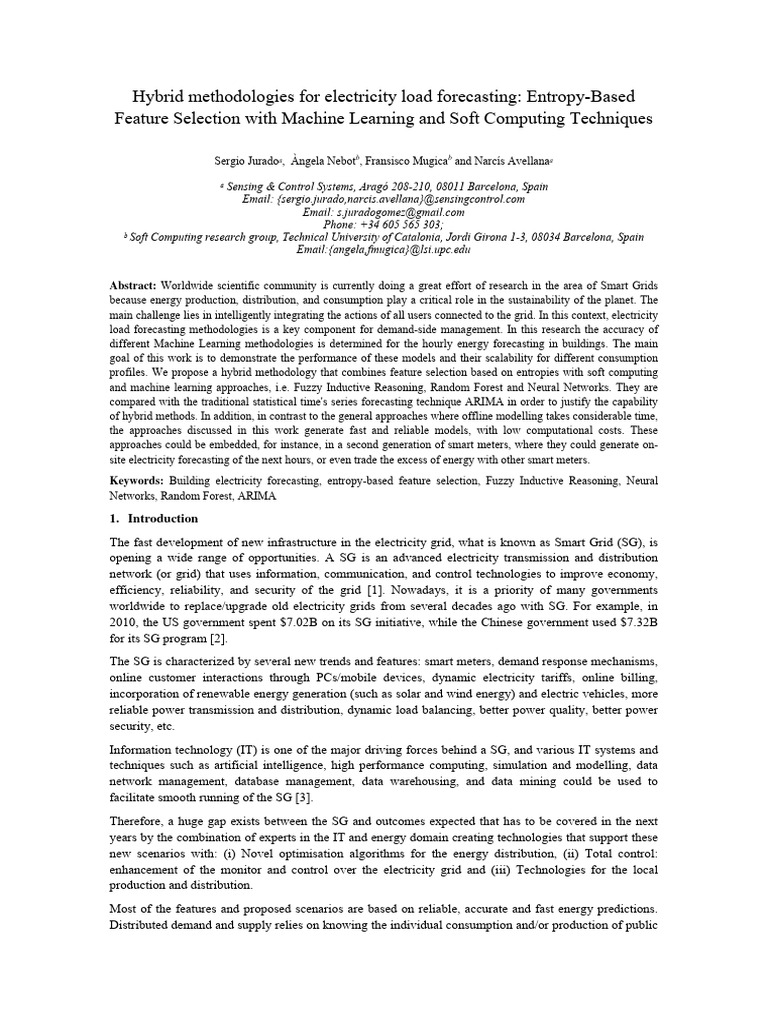 Hybrid Methodologies For Electricity Load Forecasting Entropy Based Feature Selection With
