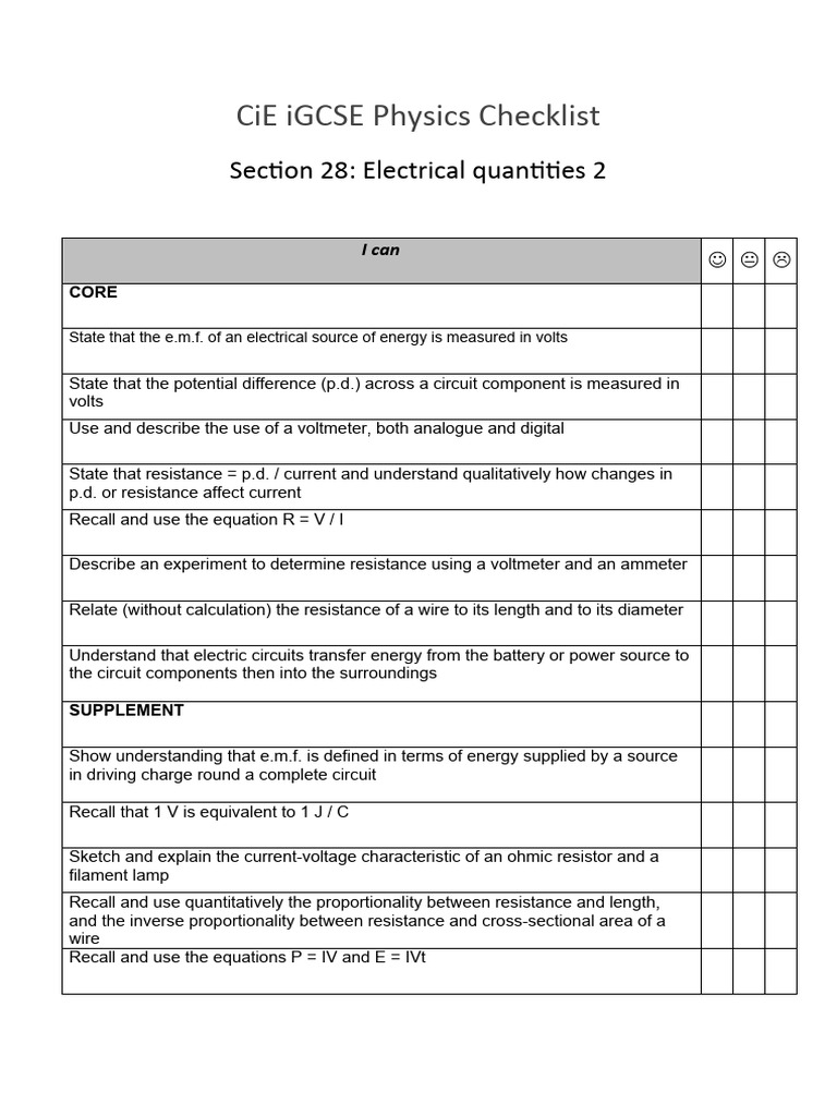 iGCSE Physics: Electrical Quantities Checklist | PDF