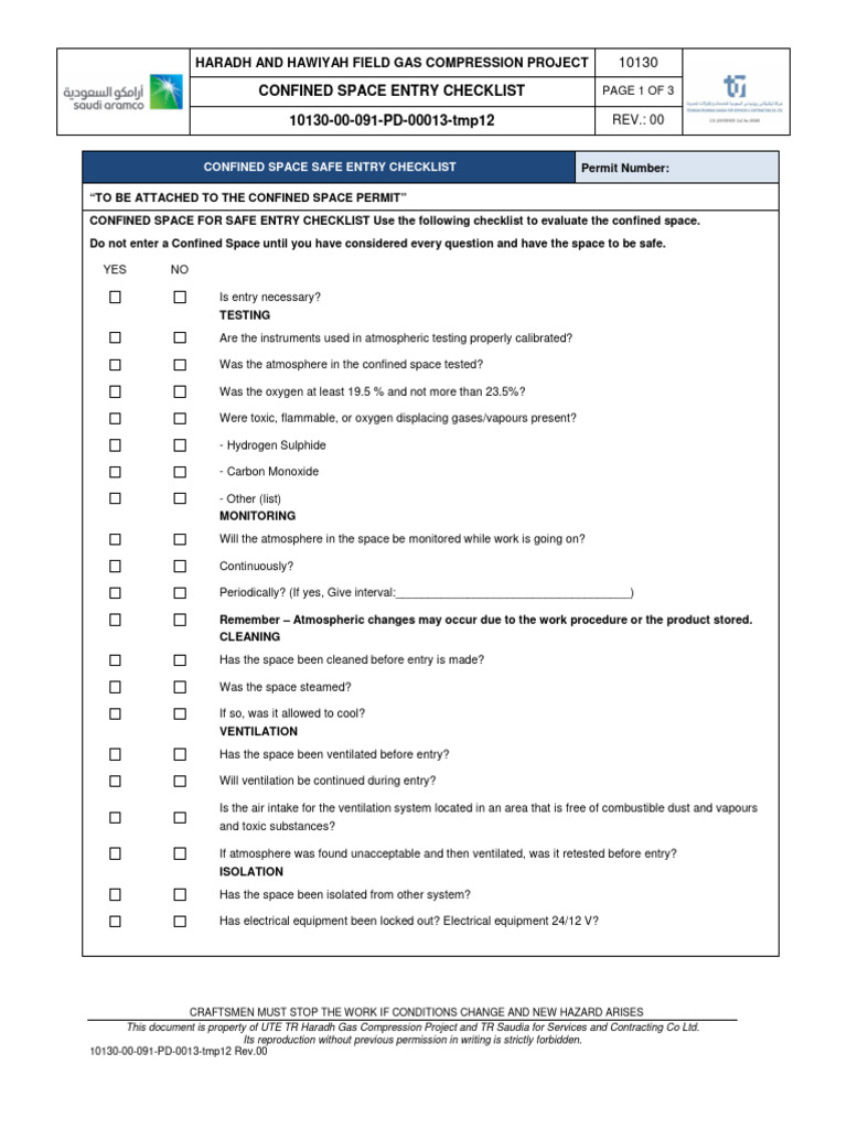 CONFINED SPACE Entry Checklist | PDF | Occupational Safety And Health | Chemical Industry