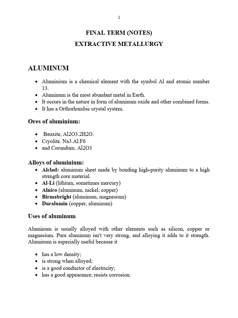 Extractive Metallurgy Final Term Notes | PDF | Aluminium | Lead