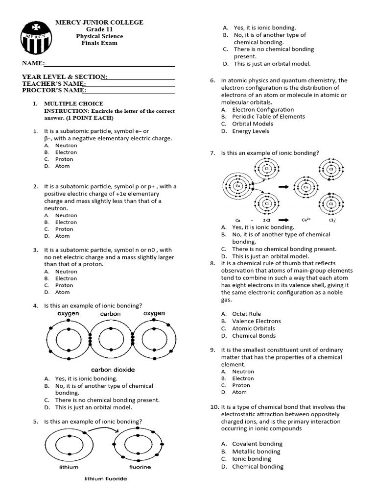 393347240 Grade 11 Physical Science Finals Exam | PDF | Chemical Bond ...