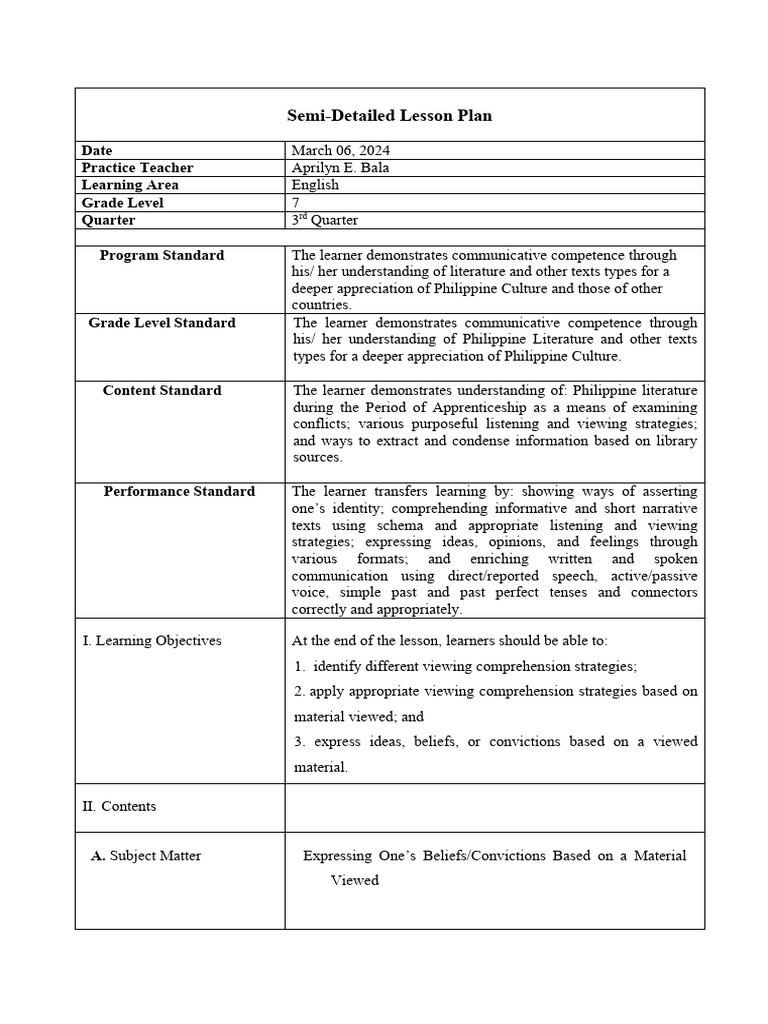 Grade 7 English Lesson Plan on Viewing Strategies | PDF | Reading ...