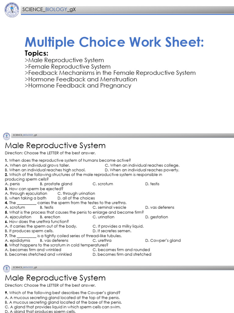 3rd QTR Multiple Choice Work Sheet BIO X Learners | PDF | Menstrual Cycle | Luteinizing Hormone