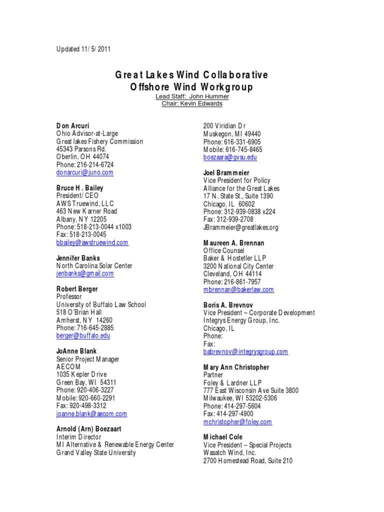 Offshore Wind Workgroup Roster | PDF | Michigan | Great Lakes