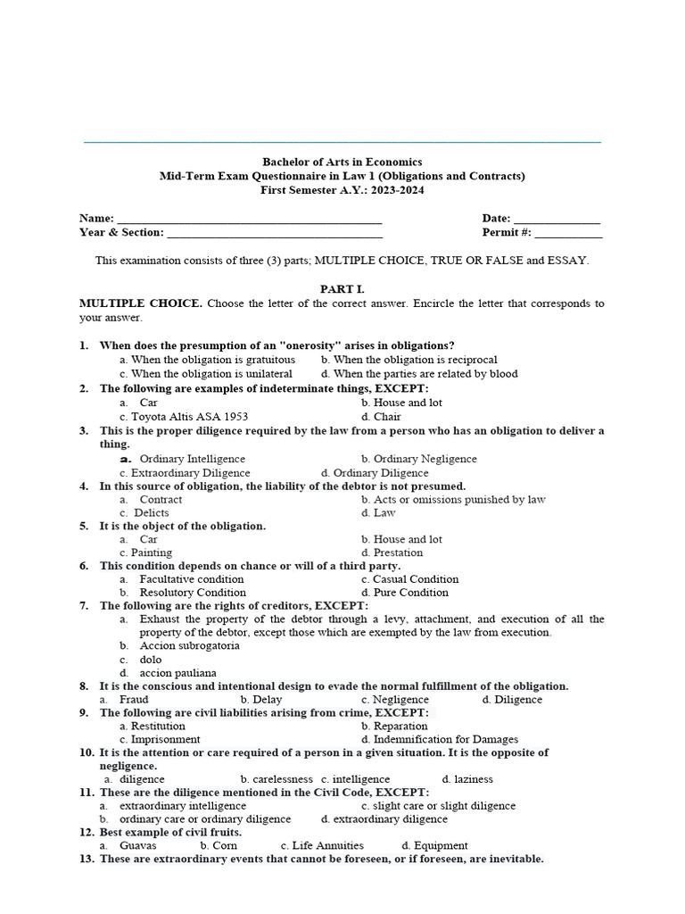 Law 1.midterm Exam | PDF | Law Of Obligations | Negligence