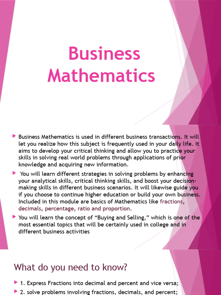Bus Math Q1 W1 Fraction, Decimal, Percent | Download Free PDF | Mathematics | Division (Mathematics)