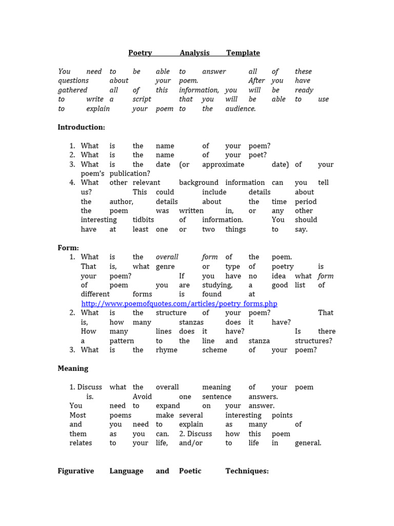 Poetry Analysis Template | PDF | Poetry | Poetics