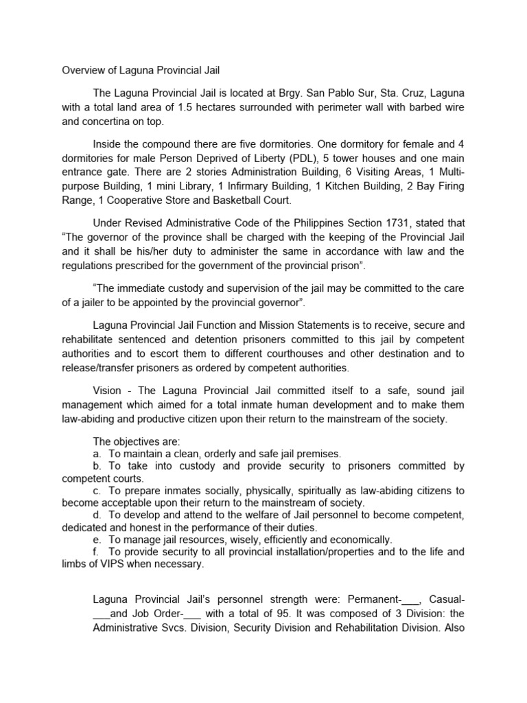 Overview of Laguna Provincial Jail | PDF | Prison | Imprisonment And Detention