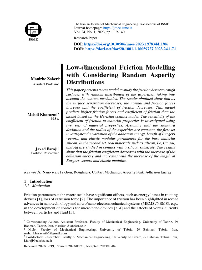 Low-Dimensional Friction Modelling With Considering Random Asperity Distributions | Download ...