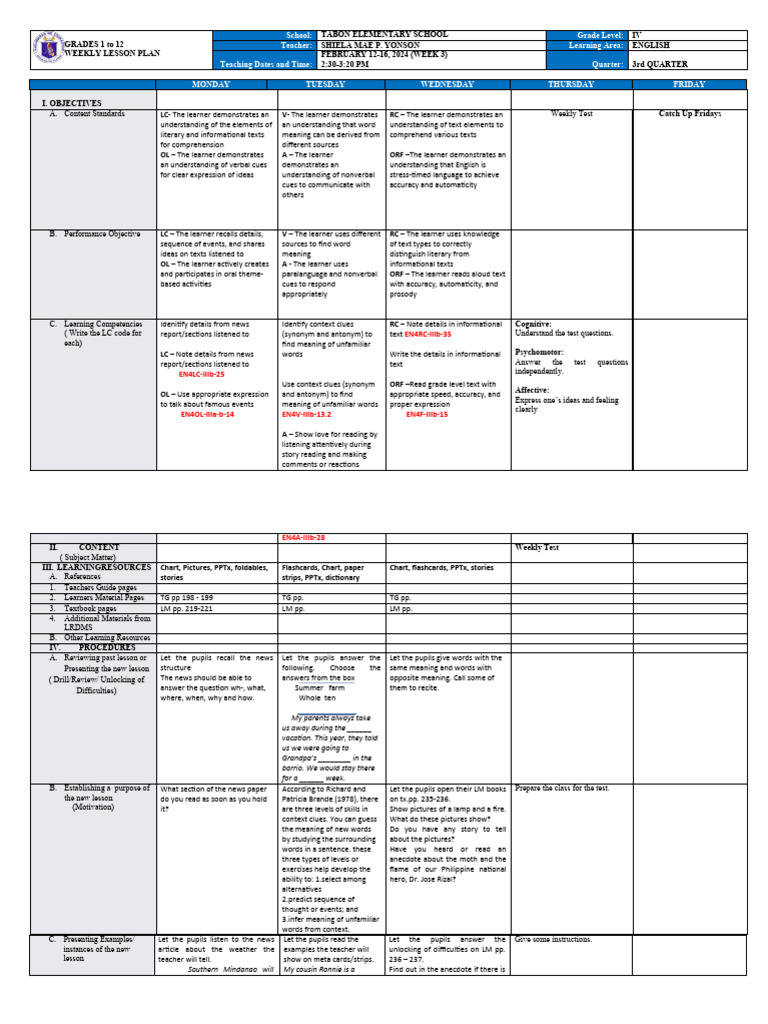 DLL English 4 q3 w3 Yonson | PDF | Learning | Nonverbal Communication