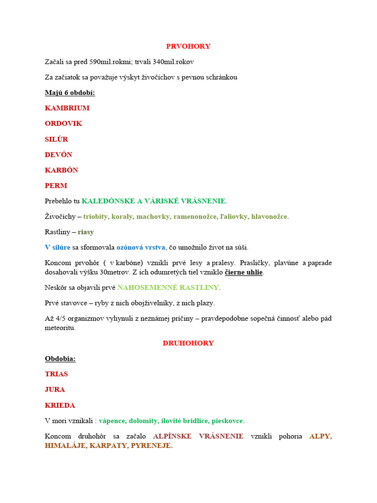 Prvohory A Druhohory - Poznámky | PDF