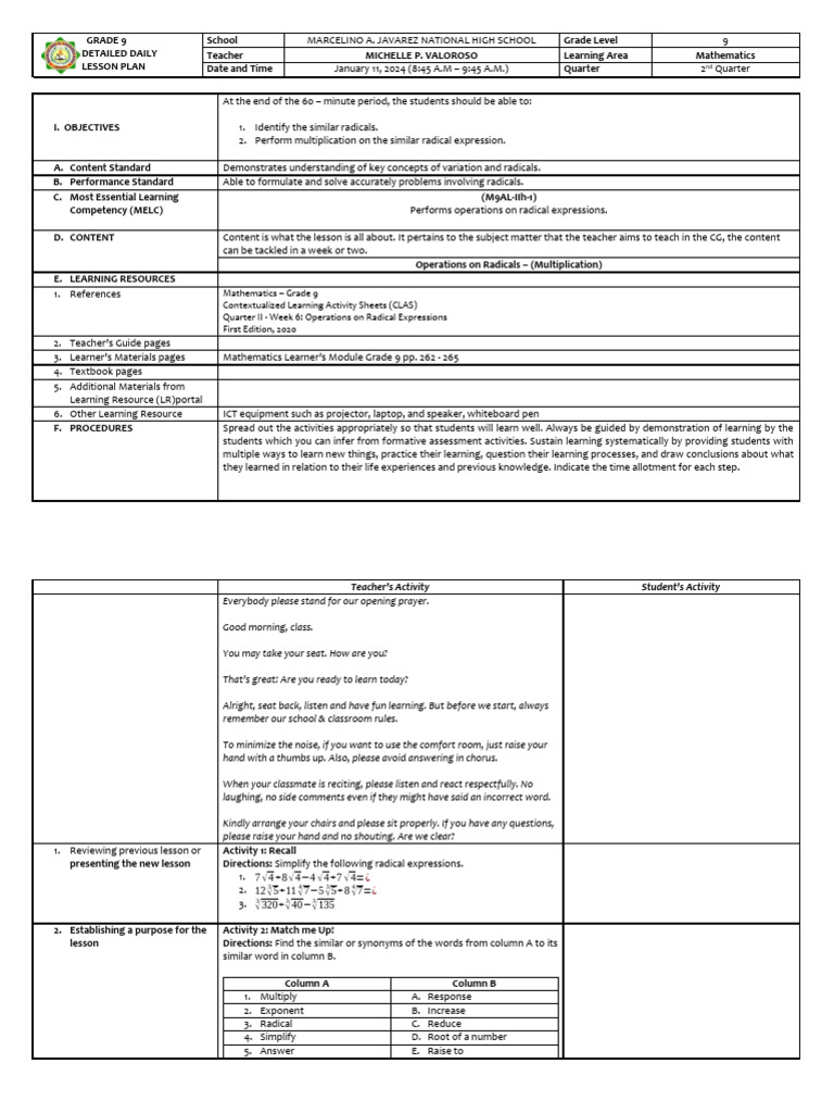 Cot 011124 | PDF | Learning | Multiplication