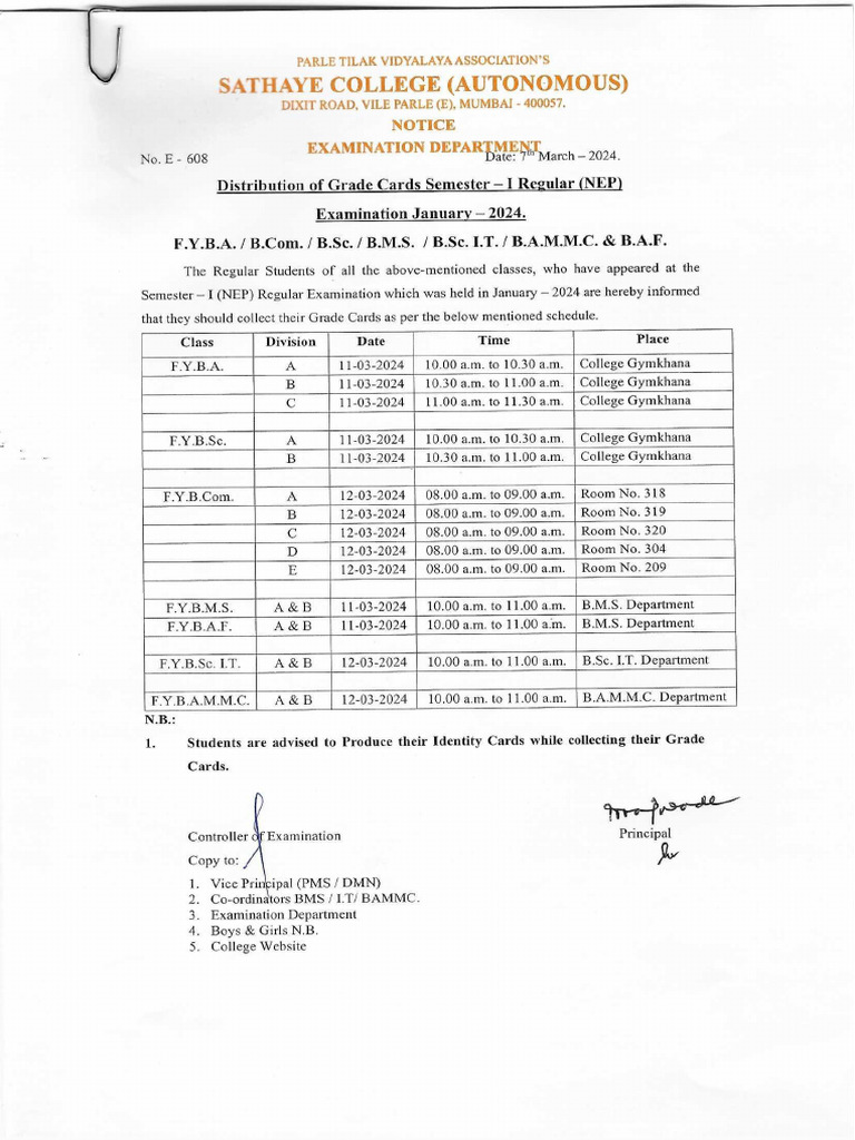 Distribution of Grade Card Sem - I January - 2024 | PDF