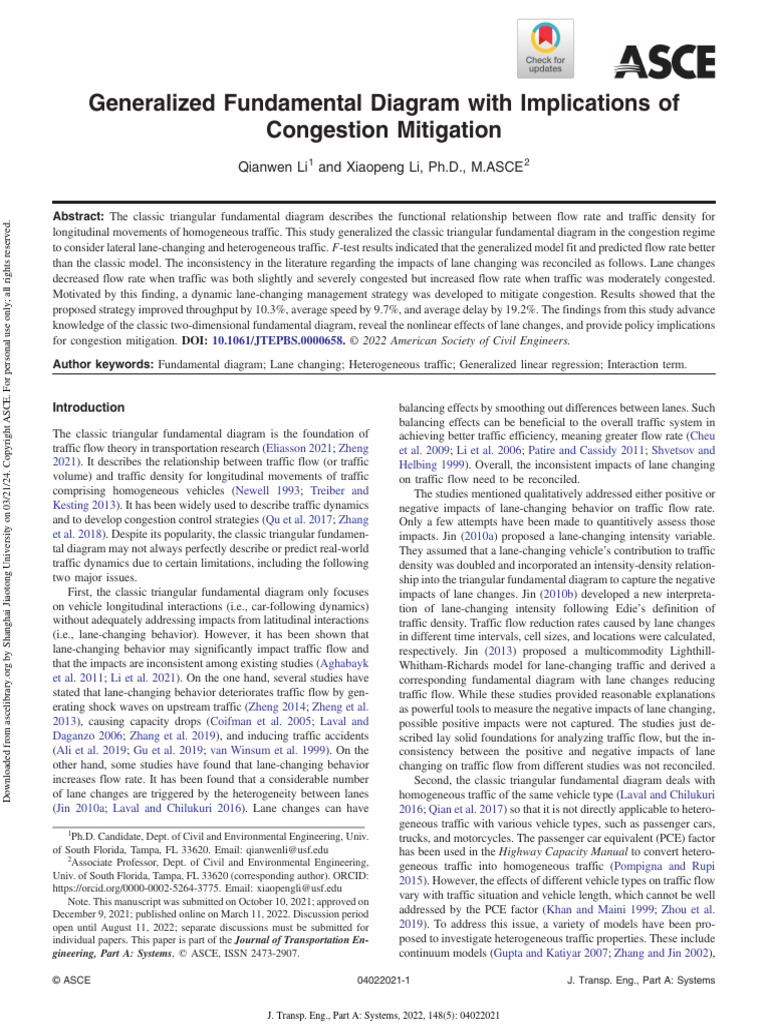 Generalized Fundamental Diagram With Implications Of Congestion Mitigation Pdf Linear