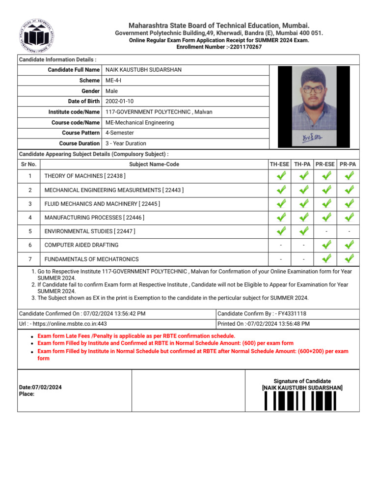 Polytechnic Exam Form Receipt | PDF | Engineering