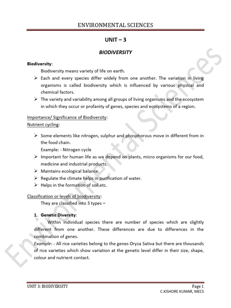 ES UNIT - 3: Biodiversity | PDF | Biodiversity | Conservation Biology