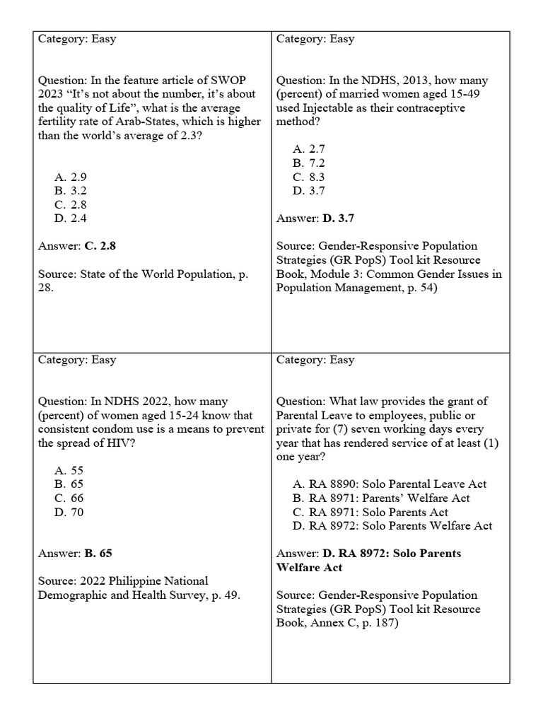 Population Quiz Bee Questions | PDF | Social Science