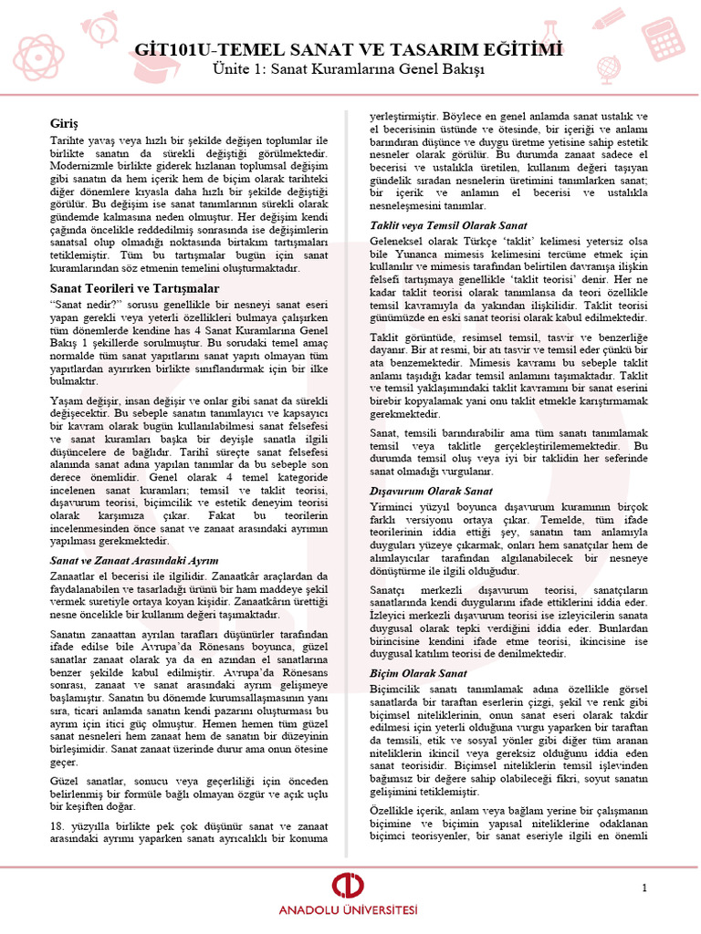 Temel sanat ünite 1 özet | PDF