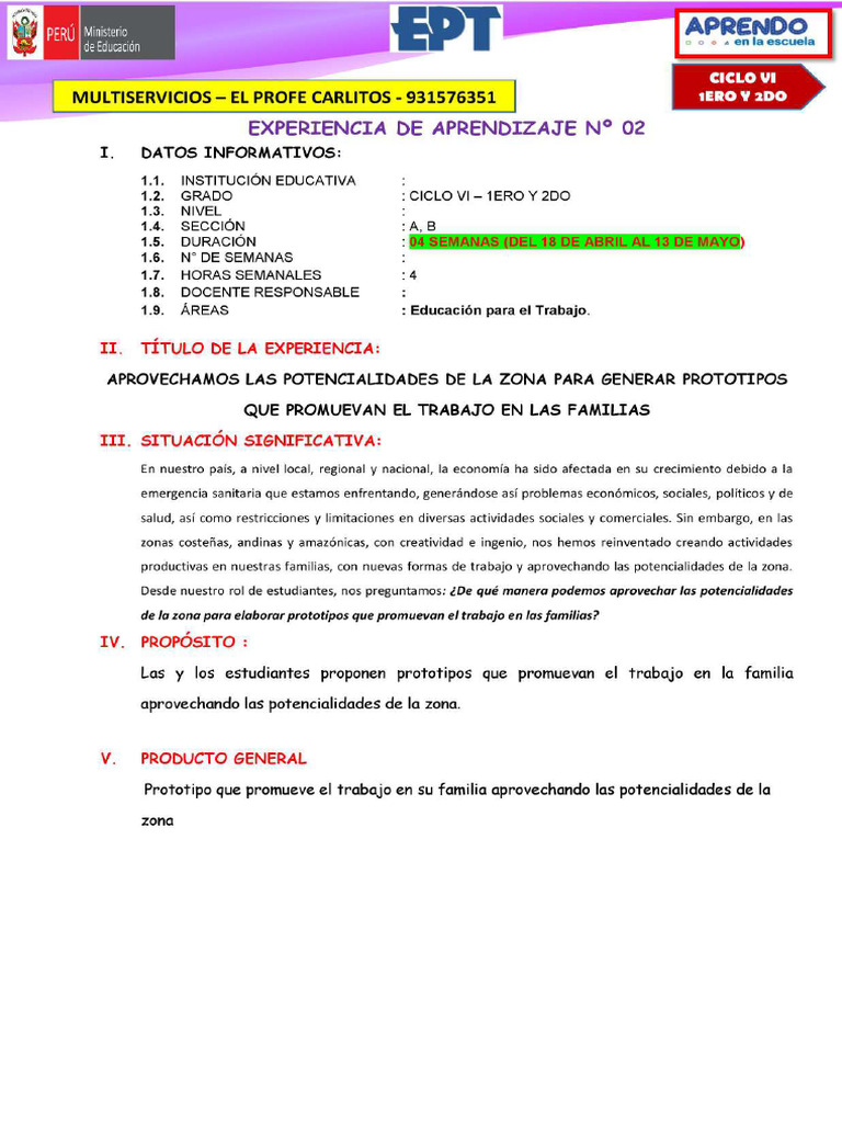 Experiencia de Aprendizaje N°02 - Ciclo Vi - 1ero y 2do - Ept - 2022 | PDF