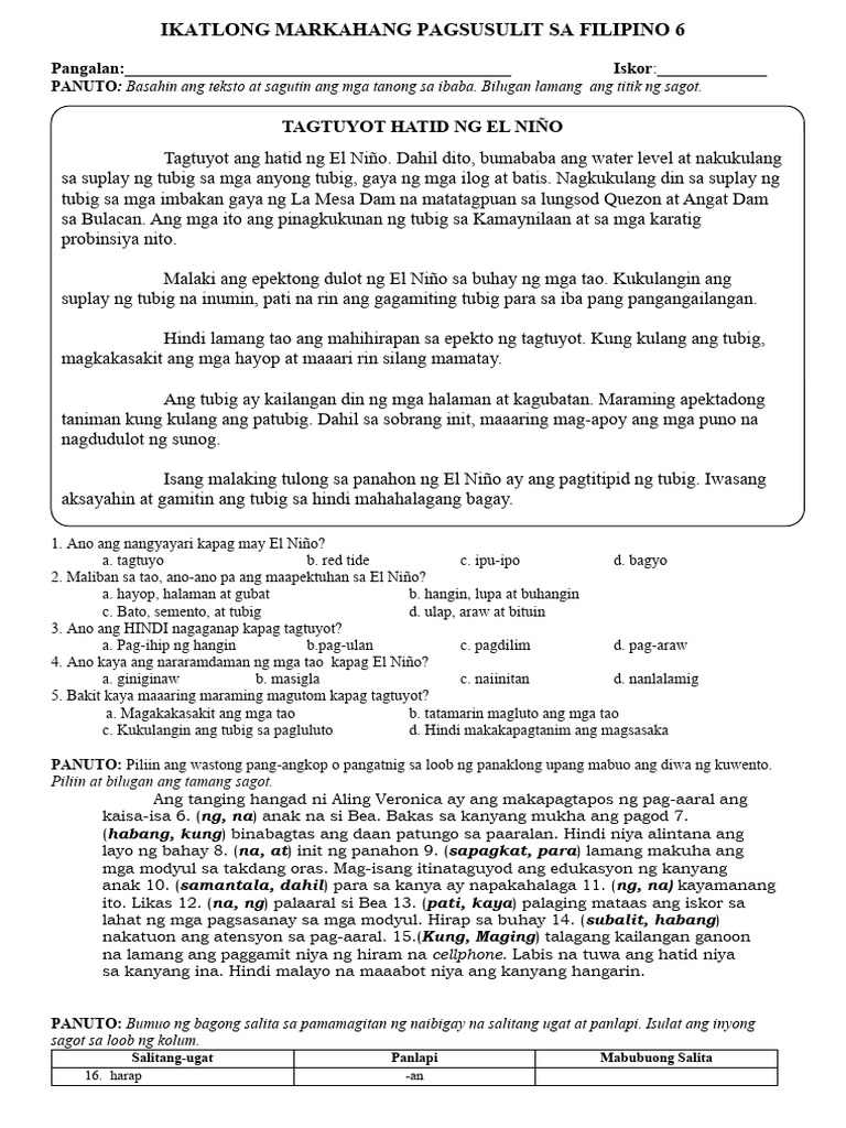 3rd PAGSUSULIT SA FILIPINO 6 SY23-24 | PDF