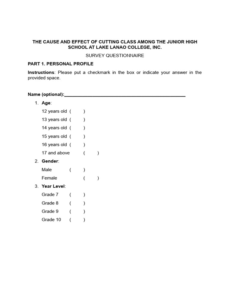 Survey Questionnaire Sample | PDF