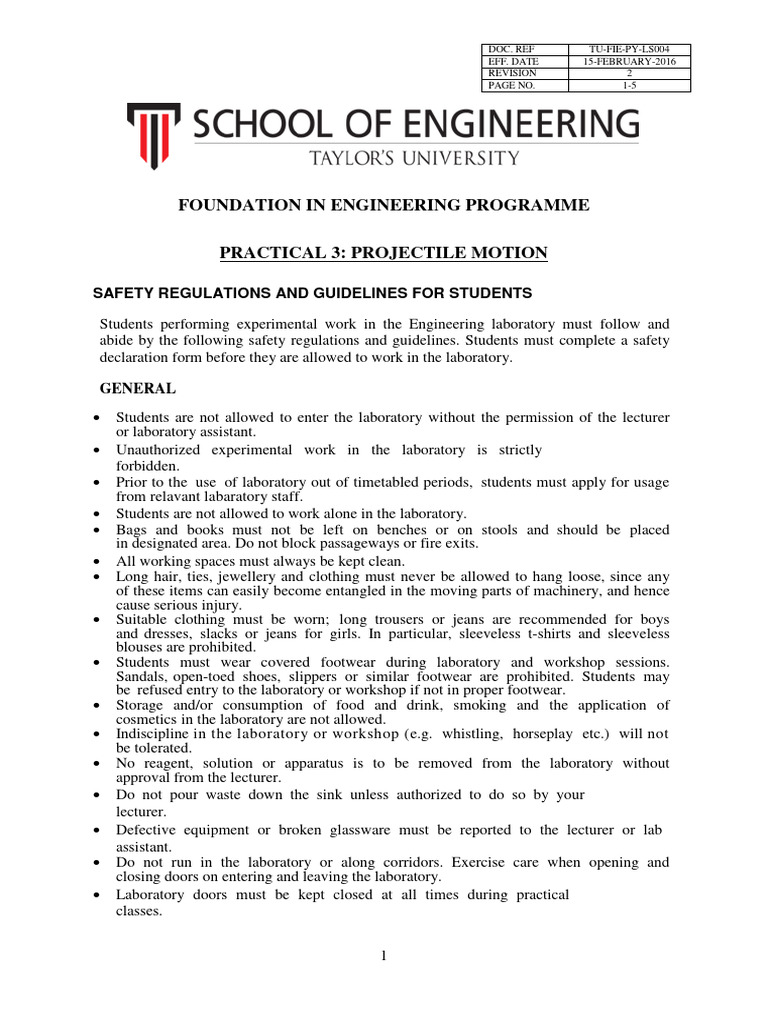 Safety Guidelines for Projectile Motion Experiment | PDF | Mechanics ...