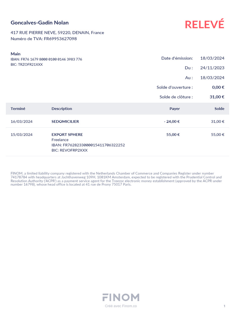 Finom Statement 18032024 | PDF