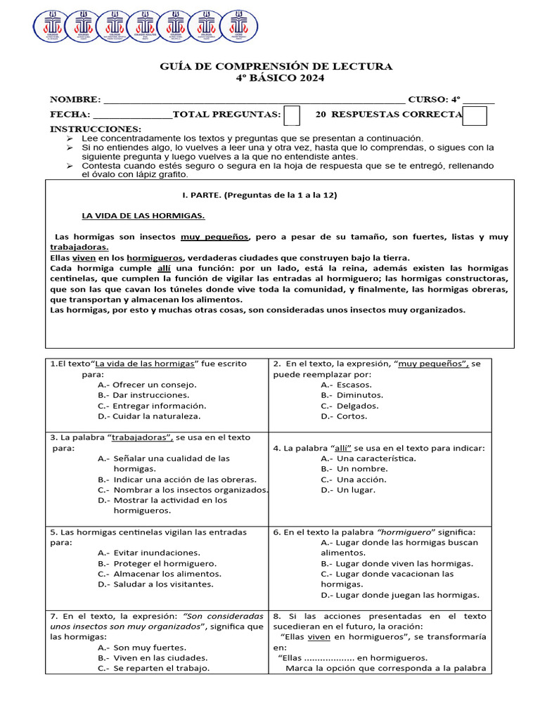 Guía de Comprensión de Lectura 4º Básico | PDF | Estudios de idiomas ...