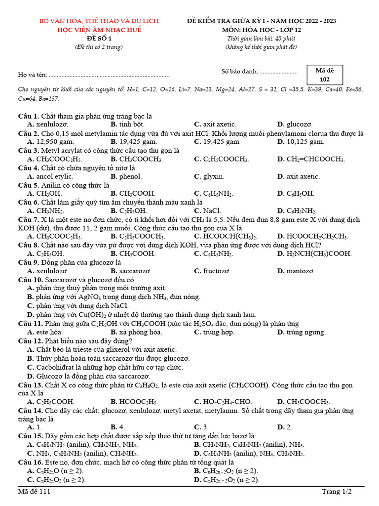 22 - 23. Hóa 12 - GHKI - HVAN - HUE - Ican1990@gmail - Com - Thanh Tran Van | PDF